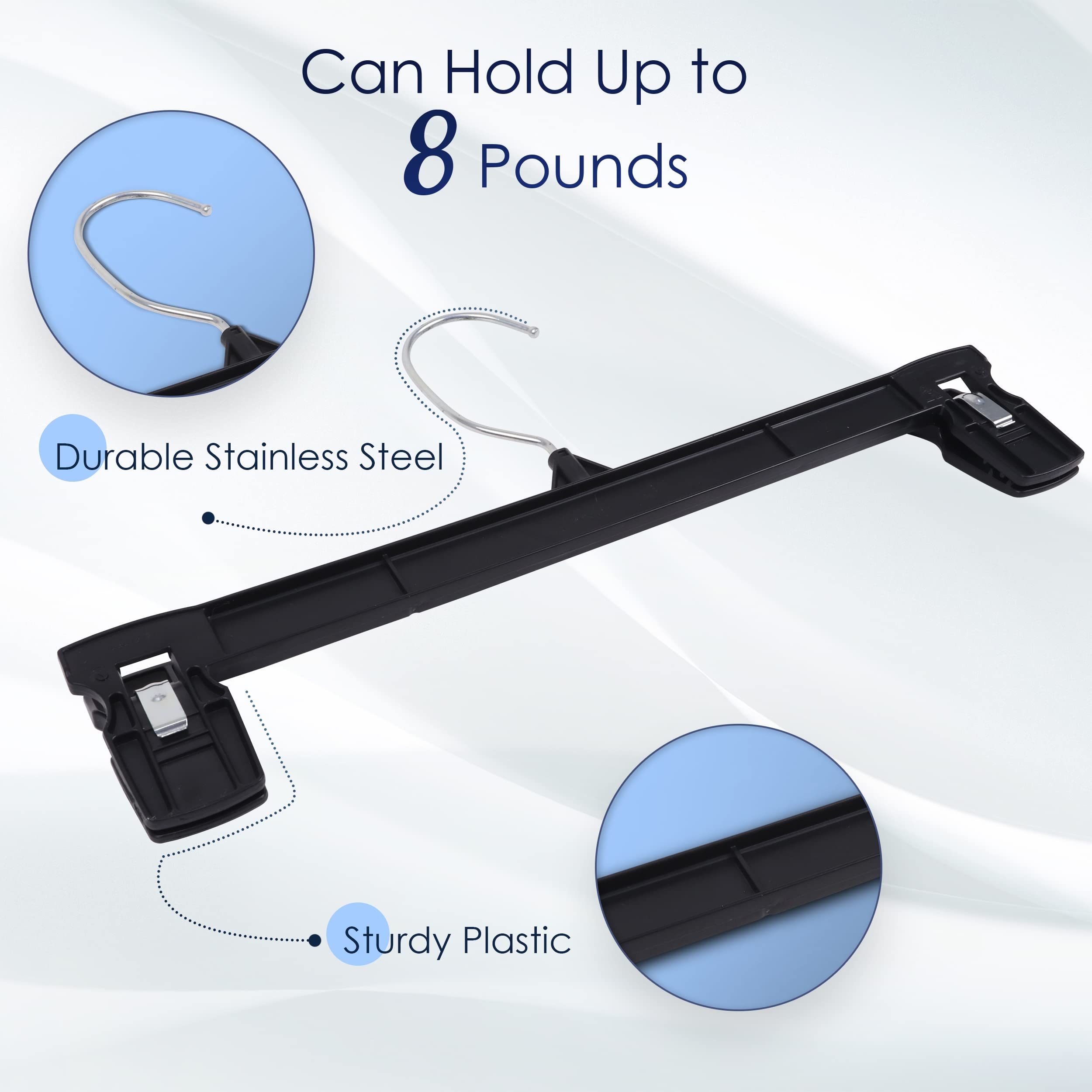 Hanger Central Space Saving 30 Pack, Heavy Duty Slim Plastic Pants Hangers, Ridged Non-Slip with Pinch Clips, 360-Rotating Chrome Swivel Hook, in Black, 10/12/14 Inch (12")