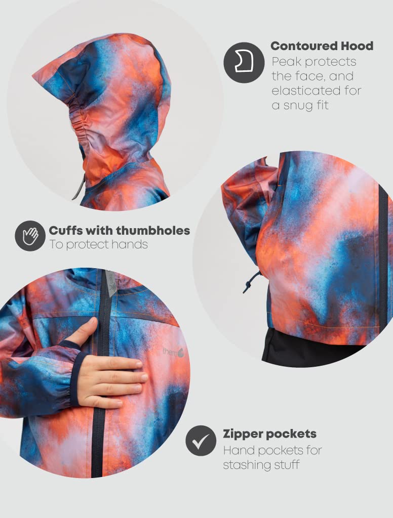 Therm Kids Raincoat, Waterproof Girls Boys Rain Jacket - Lightweight, Packable (LAVA, 8)