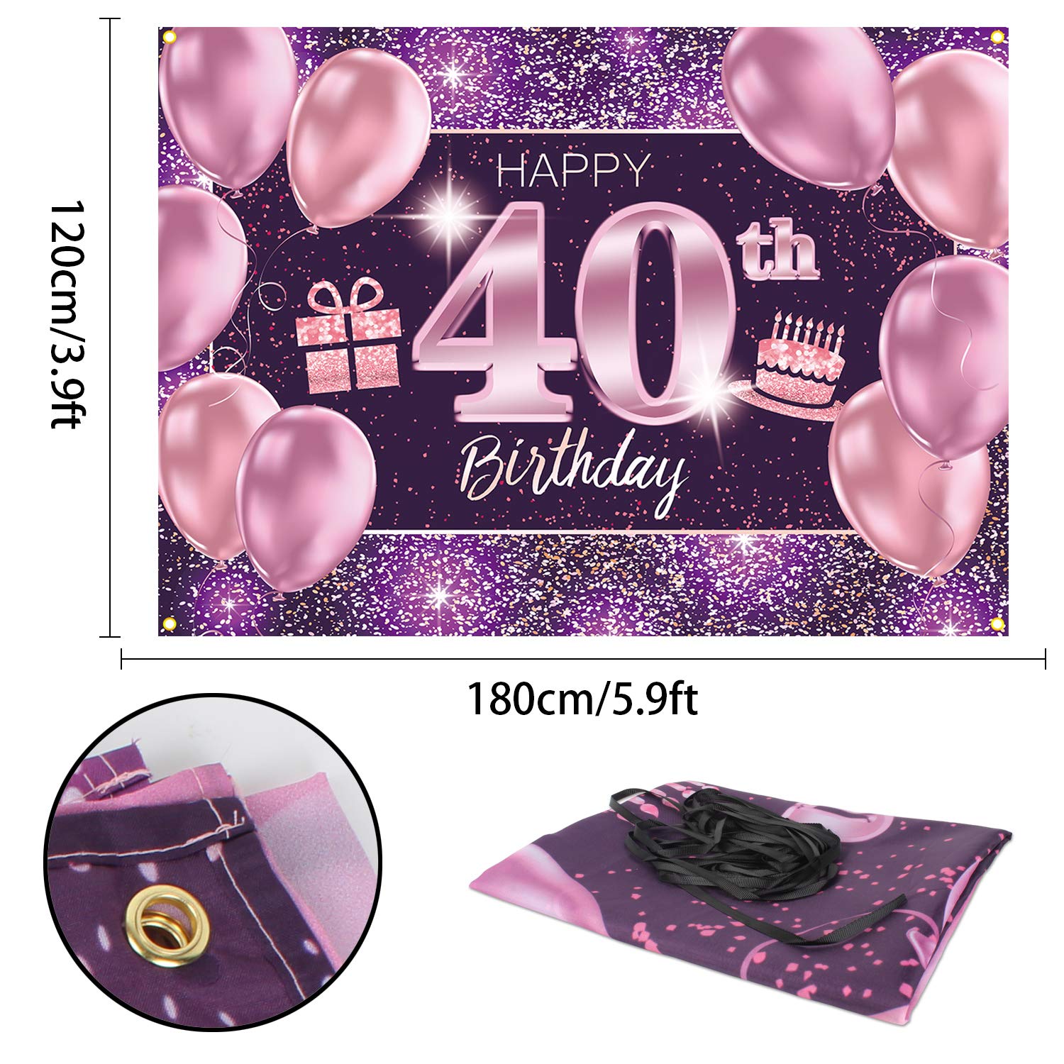 PAKBOOM Happy 40th Birthday Banner Backdrop - 40 Birthday Party Decorations Supplies for Women - Pink Purple Gold 4 x 6ft