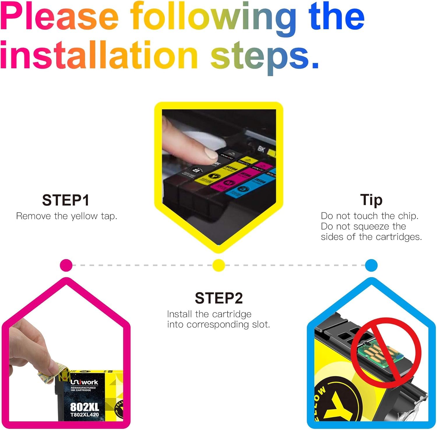 Uniwork Remanufactured Ink Cartridge Replacement for Epson 802XL 802 T802XL T802 use for Workforce Pro WF-4740 WF-4730 WF-4720 WF-4734 EC-4020 EC-4030 Printer (1 Cyan, 1 Magenta, 1 Yellow, 3 Pack)