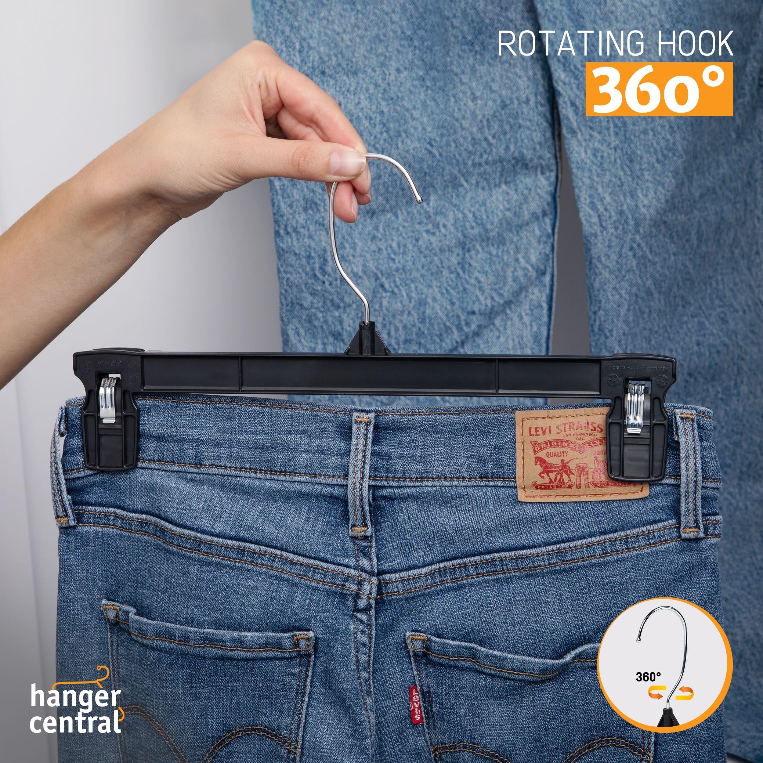 Hanger Central Space Saving 30 Pack, Heavy Duty Slim Plastic Pants Hangers, Ridged Non-Slip with Pinch Clips, 360-Rotating Chrome Swivel Hook, in Black, 10/12/14 Inch (12")