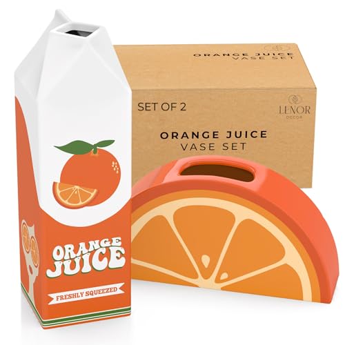 Orange Juice Vase, 2 Vase Set. Ceramic Vase and Sliced Orange Vase. Unique Vases for Flowers. Funky Home Decor. Colorful Vintage Retro Weird Eclectic Groovy Cool Kawaii Room Maximalist Decor