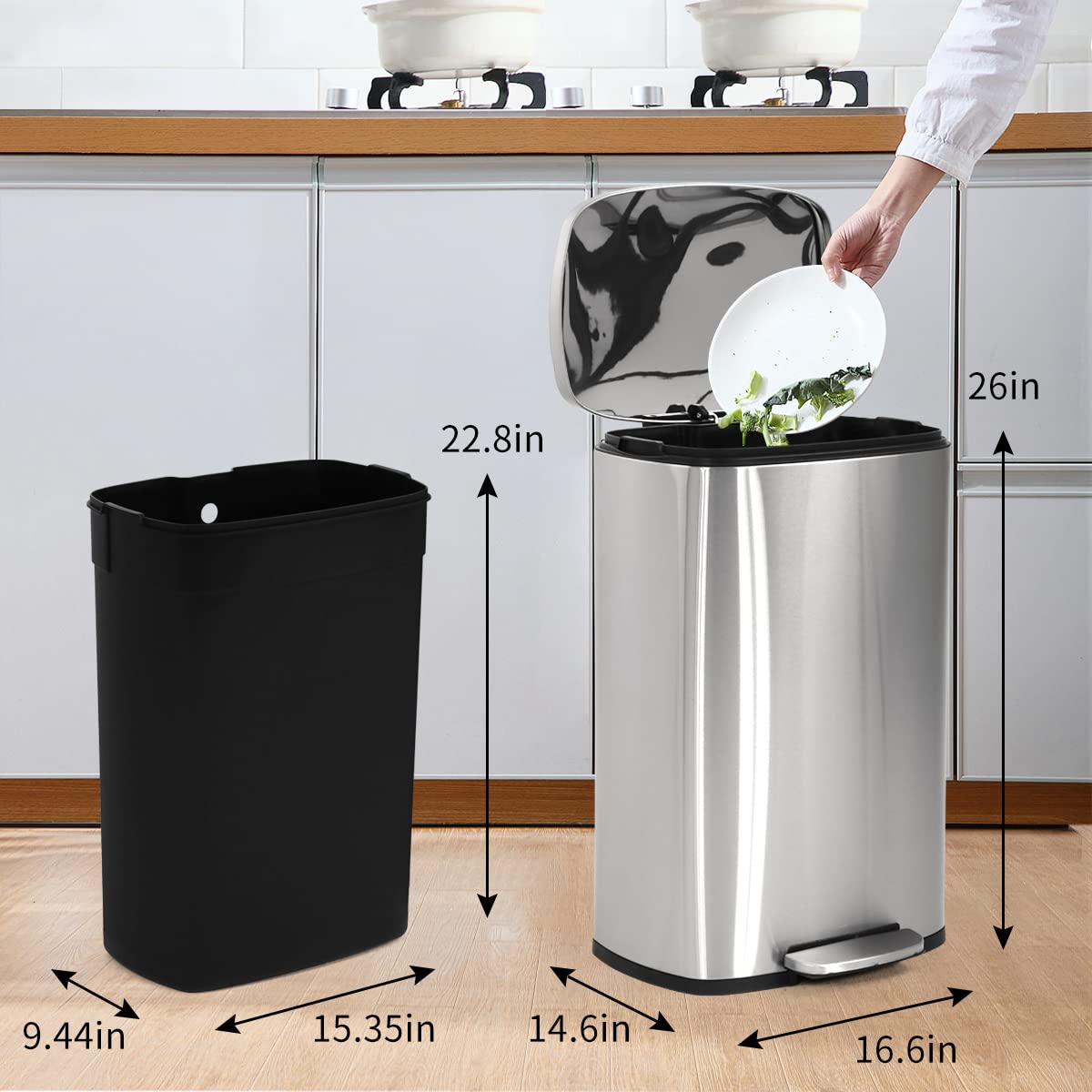 Stainless Steel Trash Can Step 13 Gallon Metal Trash Can with Lid Large Garbage Cans for Kitchen,Bathroom,Restroom Office Trash Bin Garbage Bin,Wastebasket with Pedal,Silver/Nickel