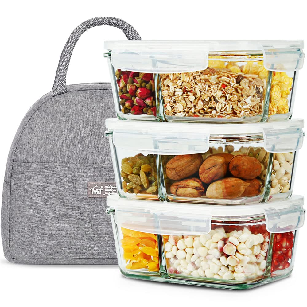 3 Pack 33.8oz Bento Box Meal Prep Glass Containers 3 Compartments with Lids Glass Food Storage Containers Glass Lunch Containers Glass Food Prep Containers with Lids Lunch Box Snack Container for Oven