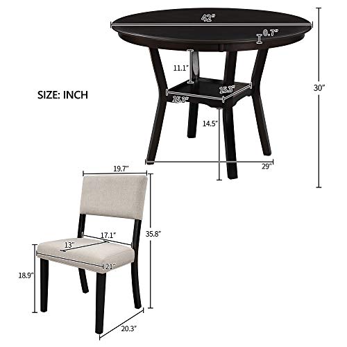 P PURLOVE 5 Pieces Dining Table Set Round Kitchen Table with 4 Upholstered Chairs for Dining Room, Espresso