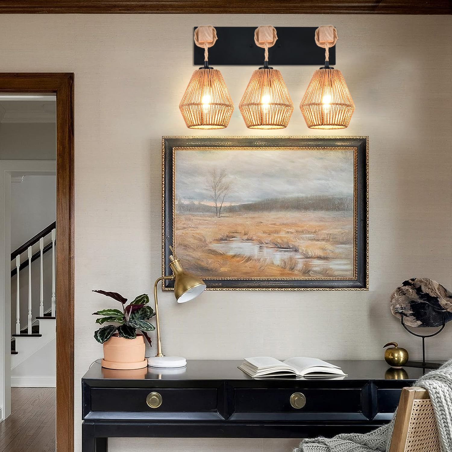 ILLMTW 3-Light Bathroom Vanity Lights Over Mirror,Farmhouse Wood Vanity Light Fixtures for Bathroom,Boho Rustic Adjustable Color with Woven Rattan Wicker Wall Sconces for Hallway Bedroom Living Room