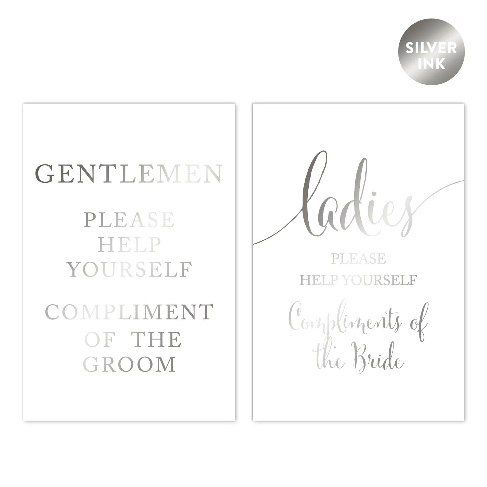 Andaz Press Framed Wedding Party Signs, Metallic Silver Ink, 4x6-inch, 2-Pack, Ladies Gentlemen Please Help Yourself Compliment of The Bride Groom Bathroom Basket Signs, Double-Sided, Decorations