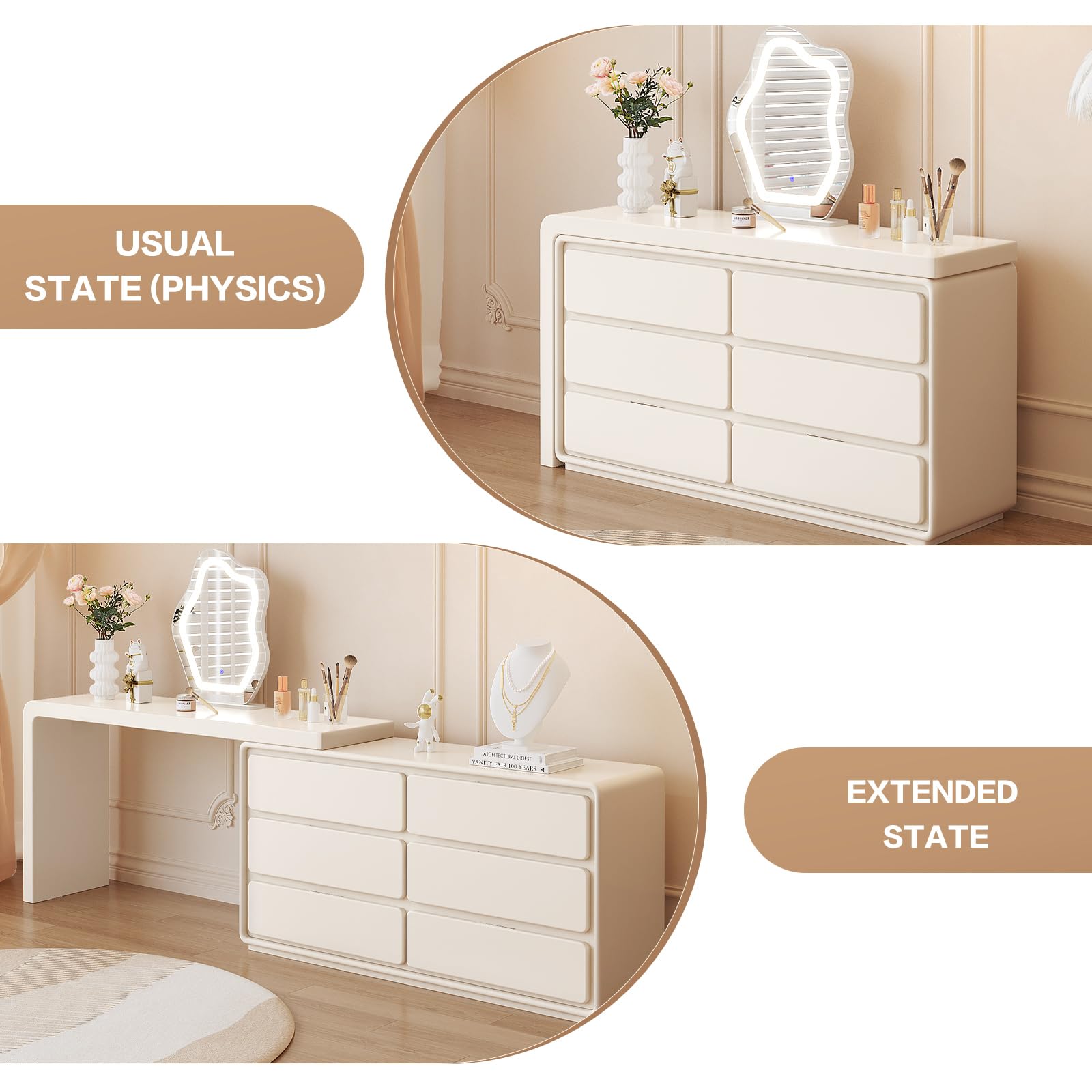 Guyii Makeup Vanity Set, Extendable Vanity Table with 6 Drawers, Modern Dressing Table with LED Makeup Mirror and Chair, Girl's Dresser, Bedroom Dresser