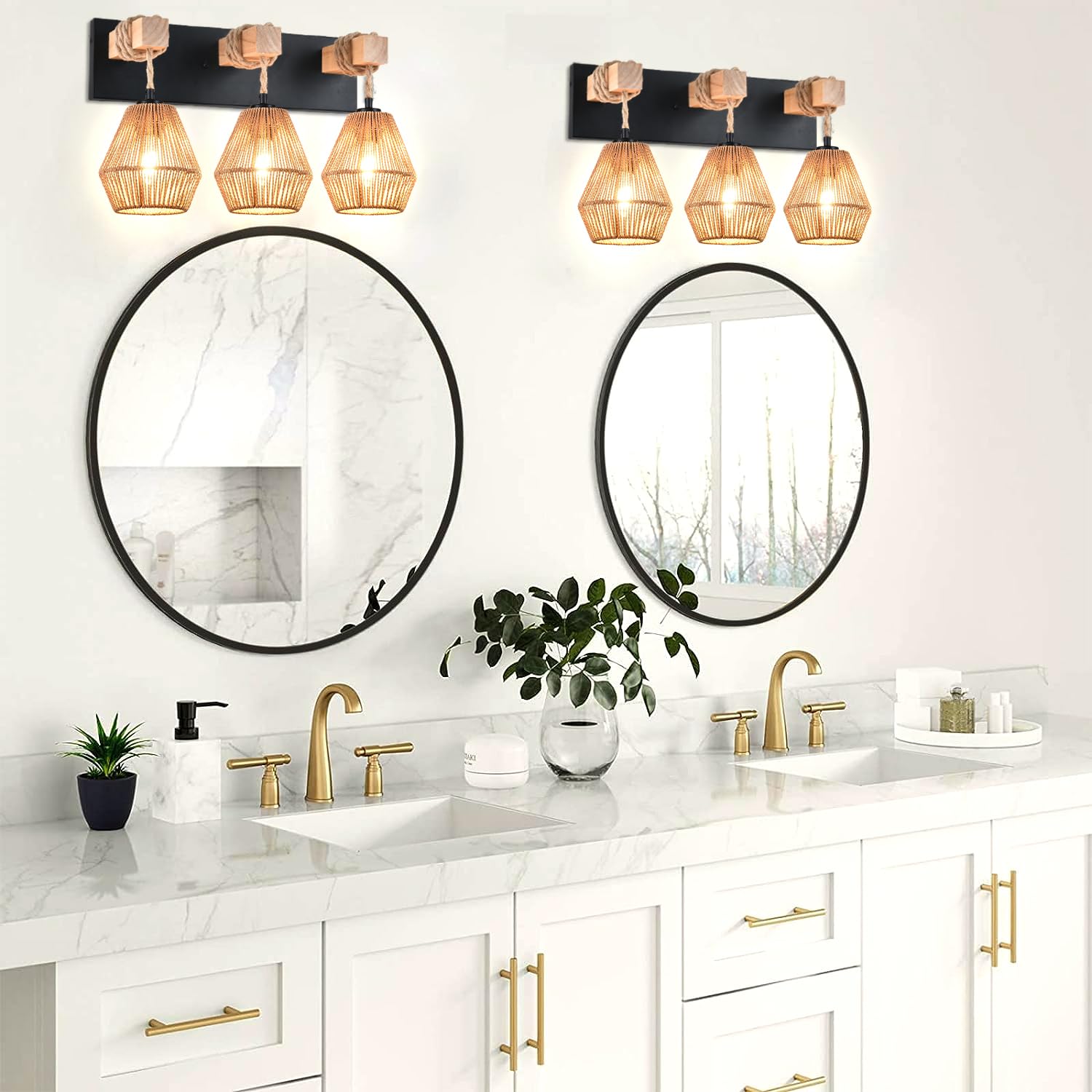 ILLMTW 3-Light Bathroom Vanity Lights Over Mirror,Farmhouse Wood Vanity Light Fixtures for Bathroom,Boho Rustic Adjustable Color with Woven Rattan Wicker Wall Sconces for Hallway Bedroom Living Room