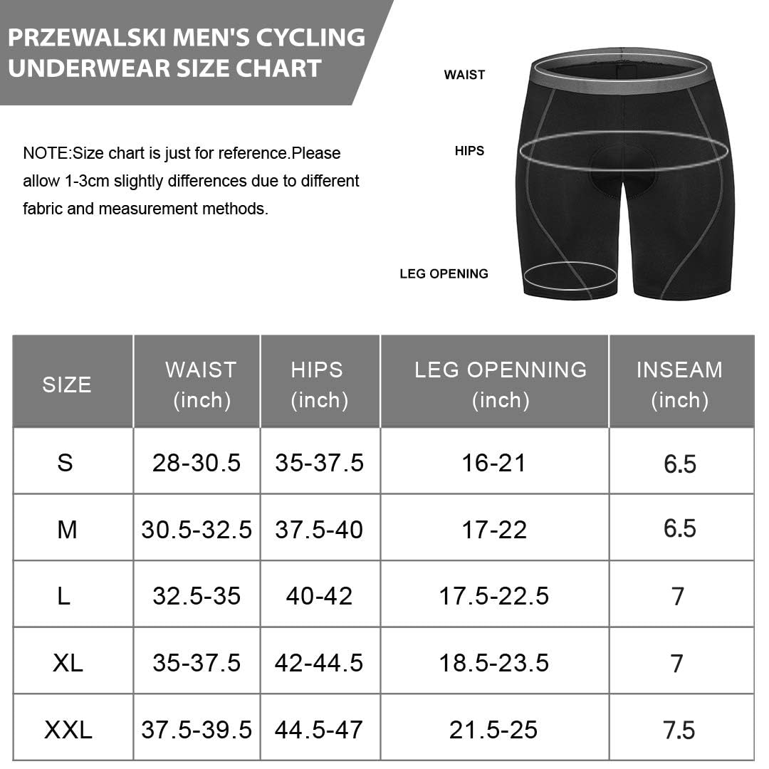 Przewalski Mens Cycling Underwear Shorts 4D Padded Bike Undershorts Bicycle MTB Liner Shorts with Silicone Leg Grippers Grey