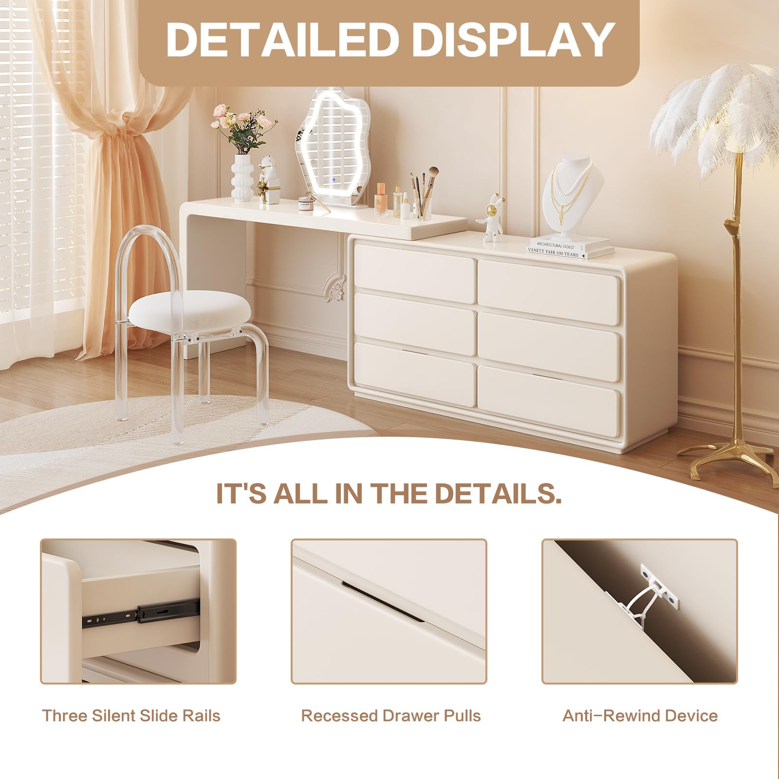 Guyii Makeup Vanity Set, Extendable Vanity Table with 6 Drawers, Modern Dressing Table with LED Makeup Mirror and Chair, Girl's Dresser, Bedroom Dresser
