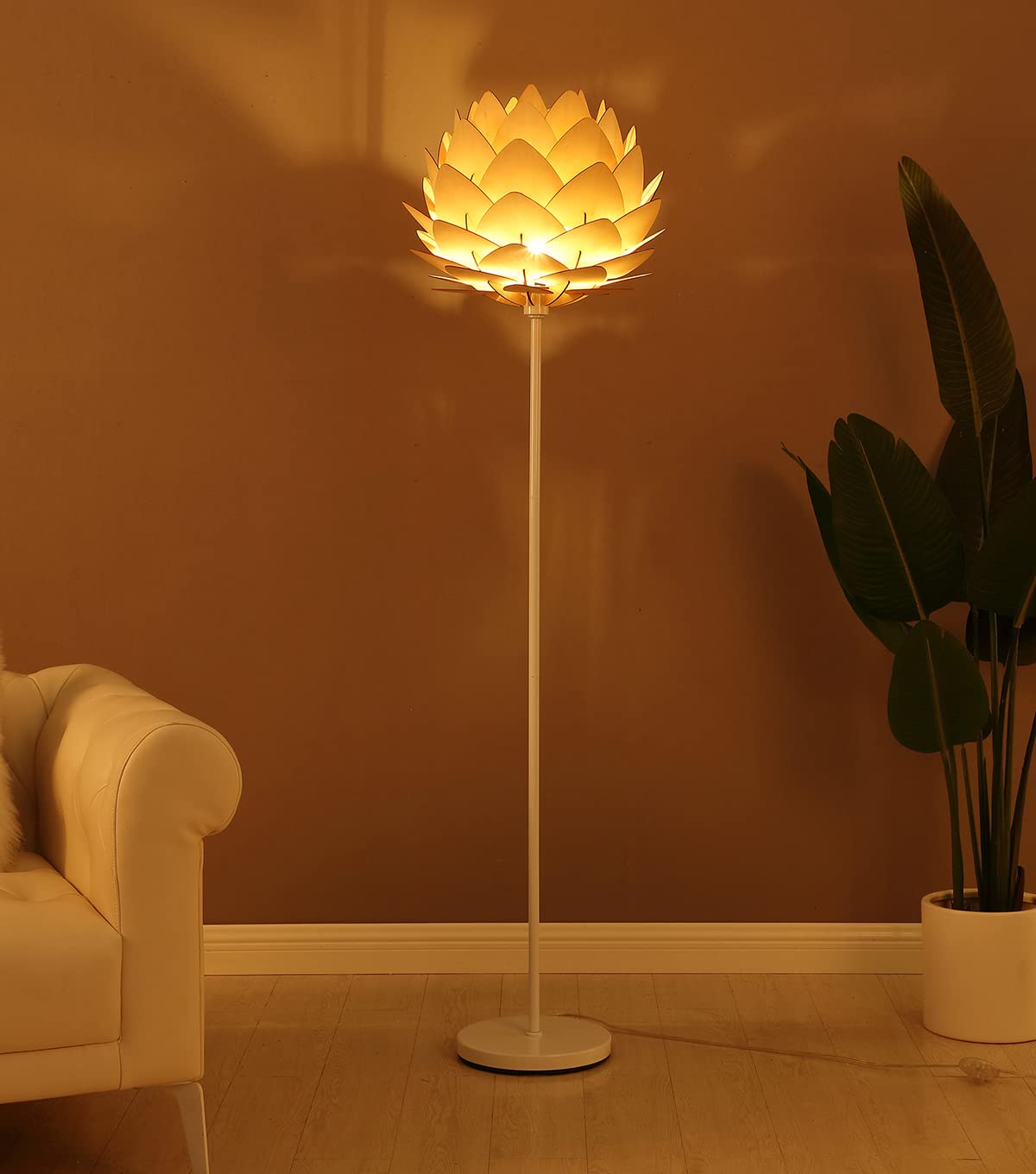 Brightech Artichoke LED Floor Lamp, Great Living Room Décor, Modern Lamp for Living Rooms & Offices, Bohemian Standing Lamp for Bedroom Reading, Tall Lamp with Multi-Panel Wooden Shade
