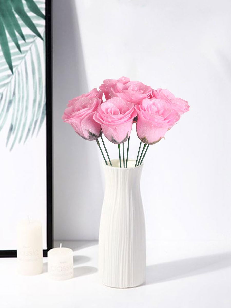 ICBOX Fake Roses,30pcs Light Pink Roses Glitter Flowers Artificial Roses with Stems for Crafts Wedding Bouquet Party Home Decor(Light Pink)