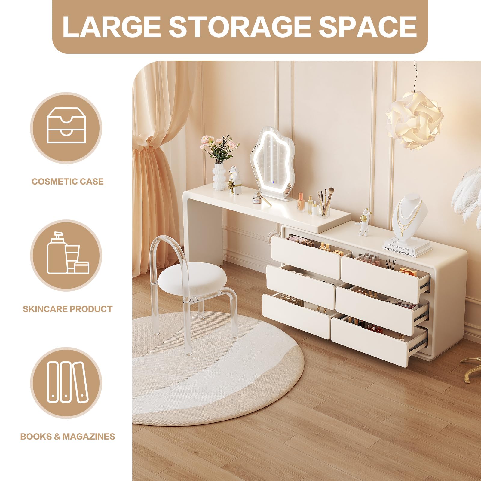 Guyii Makeup Vanity Set, Extendable Vanity Table with 6 Drawers, Modern Dressing Table with LED Makeup Mirror and Chair, Girl's Dresser, Bedroom Dresser