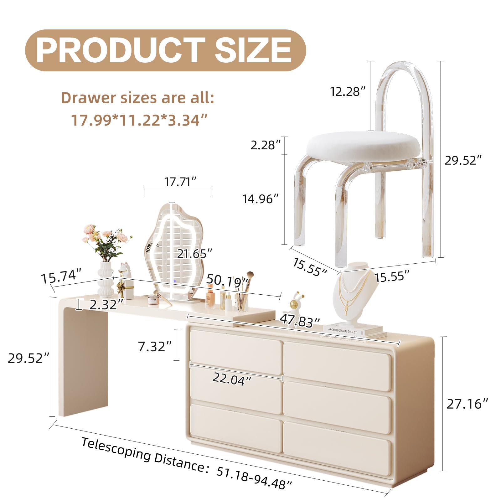 Guyii Makeup Vanity Set, Extendable Vanity Table with 6 Drawers, Modern Dressing Table with LED Makeup Mirror and Chair, Girl's Dresser, Bedroom Dresser