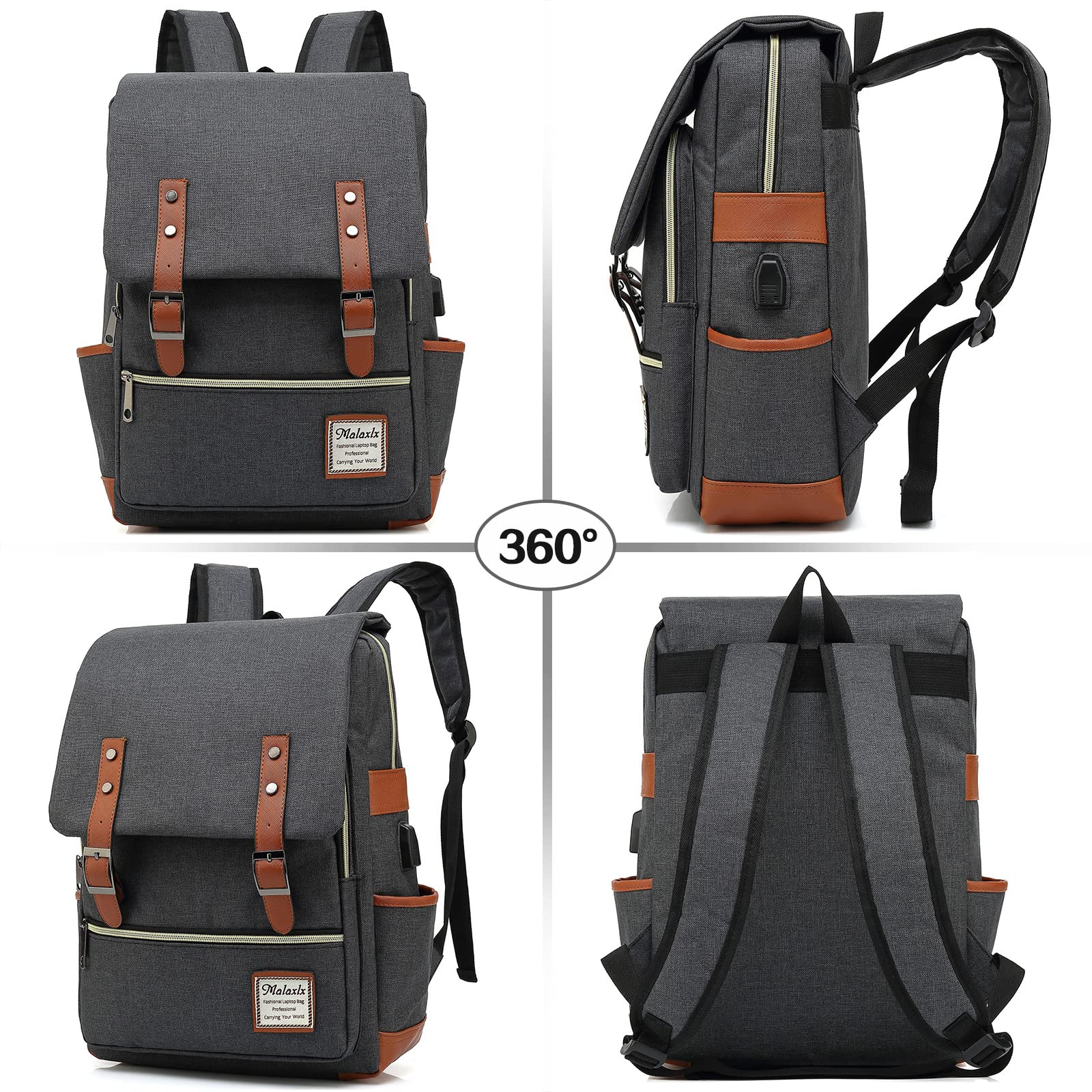 Malaxlx Black Vintage Bookbag for Teen Girls Student, High School USB Laptop Backpack for Women