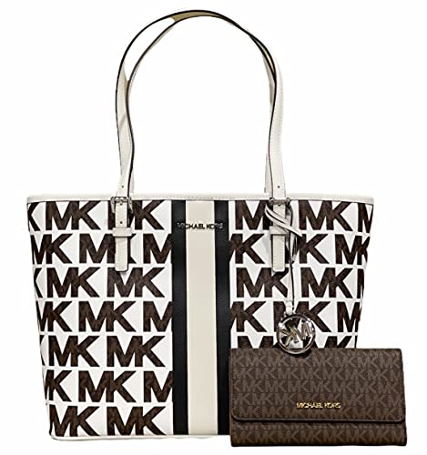 Michael Kors Jet Set Travel Medium Carryall Tote Brown Graphic MK Logo Optic White…