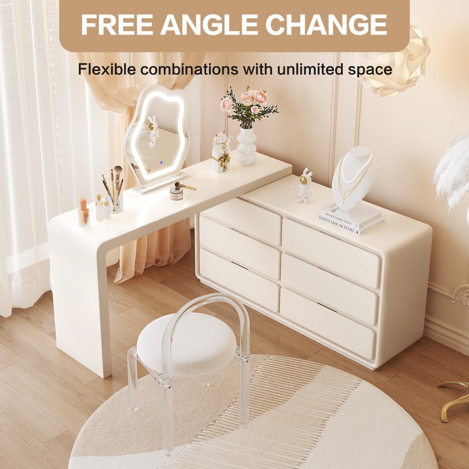 Guyii Makeup Vanity Set, Extendable Vanity Table with 6 Drawers, Modern Dressing Table with LED Makeup Mirror and Chair, Girl's Dresser, Bedroom Dresser