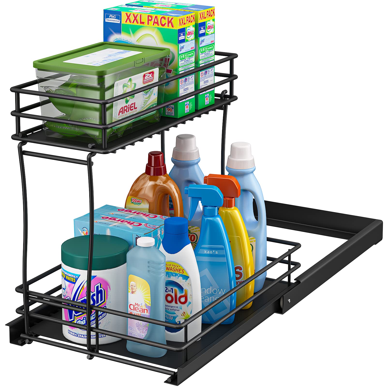 Ronanemon Pull Out Cabinet Organizer, 2-Tier Under Sink Slide Out Kitchen Cabinet Storage Shelves with Sliding Storage Drawer for Cabinet - 11.6W x 15.8D x 13.3H, Least 13" Cabinet Opening