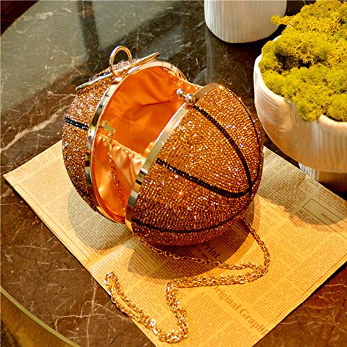 CHBC Rhinestone Basketball Evening Bag Round Wedding Wristlets Handbag Bridal Clutch Purse with Detachable Chain (Brown)
