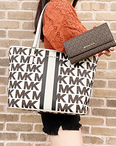 Michael Kors Jet Set Travel Medium Carryall Tote Brown Graphic MK Logo Optic White…