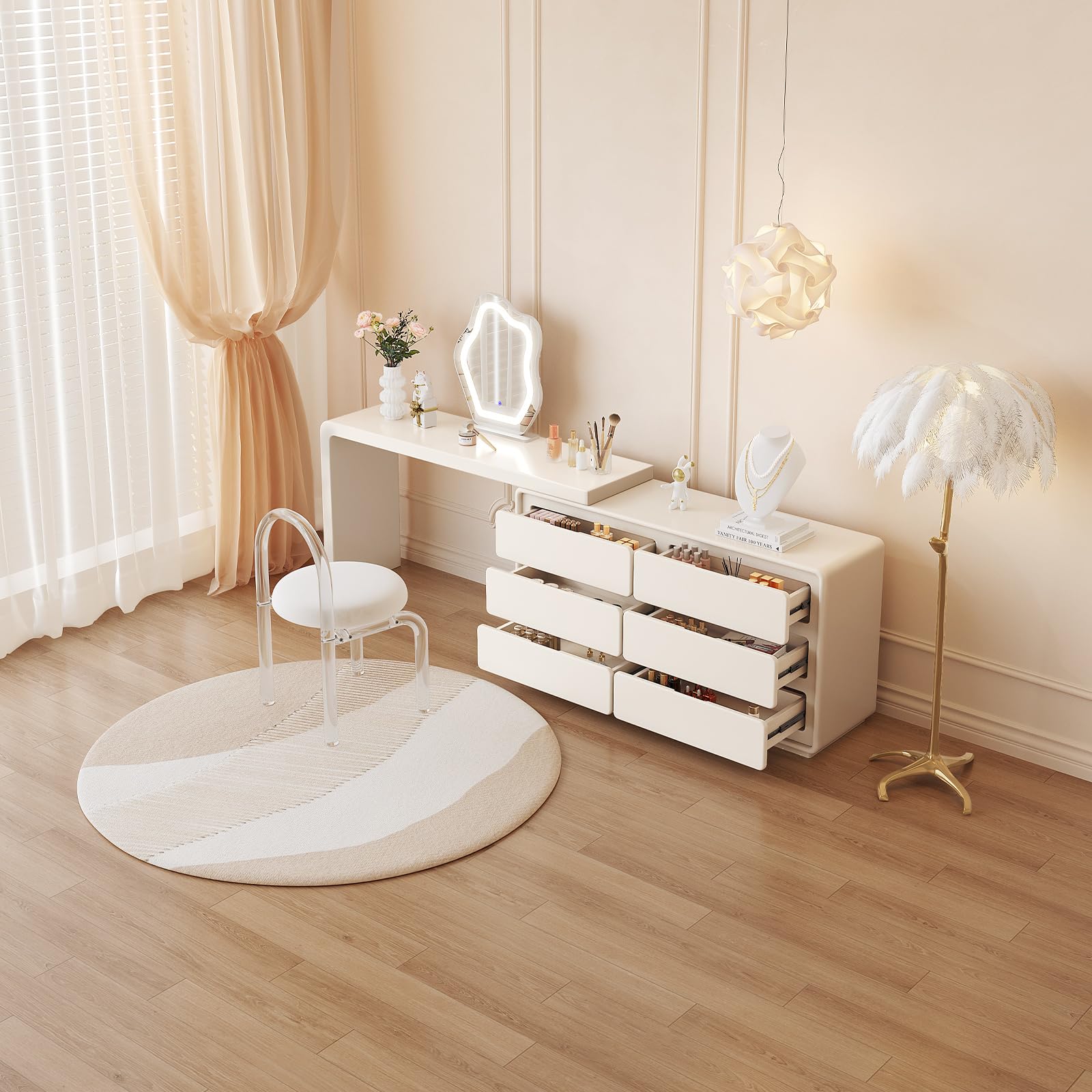 Guyii Makeup Vanity Set, Extendable Vanity Table with 6 Drawers, Modern Dressing Table with LED Makeup Mirror and Chair, Girl's Dresser, Bedroom Dresser