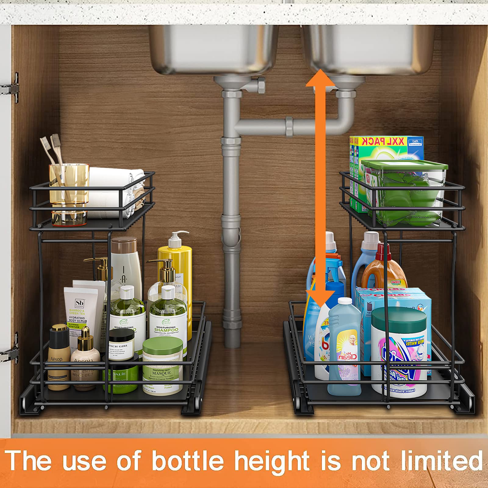 Ronanemon Pull Out Cabinet Organizer, 2-Tier Under Sink Slide Out Kitchen Cabinet Storage Shelves with Sliding Storage Drawer for Cabinet - 11.6W x 15.8D x 13.3H, Least 13" Cabinet Opening