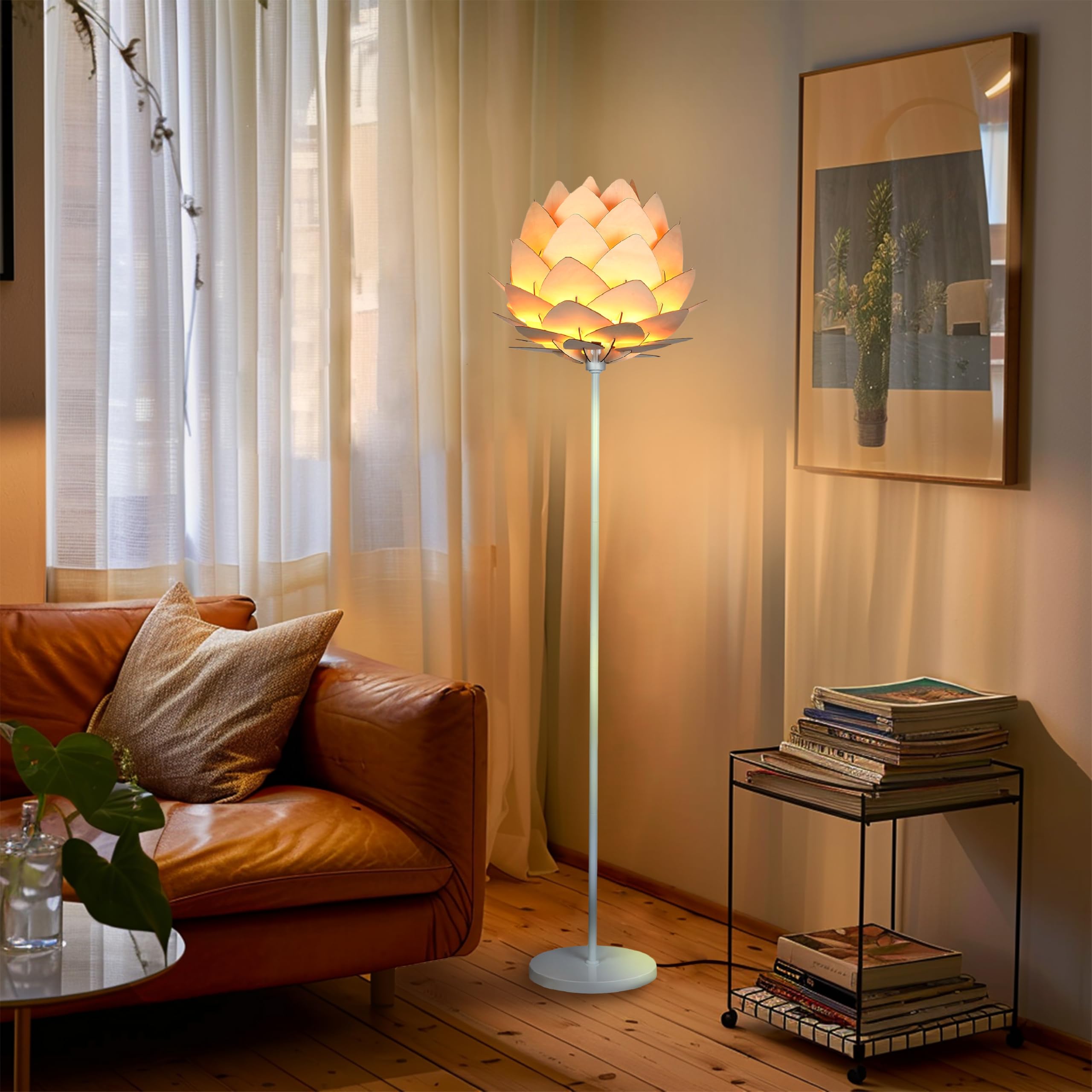 Brightech Artichoke LED Floor Lamp, Great Living Room Décor, Modern Lamp for Living Rooms & Offices, Bohemian Standing Lamp for Bedroom Reading, Tall Lamp with Multi-Panel Wooden Shade