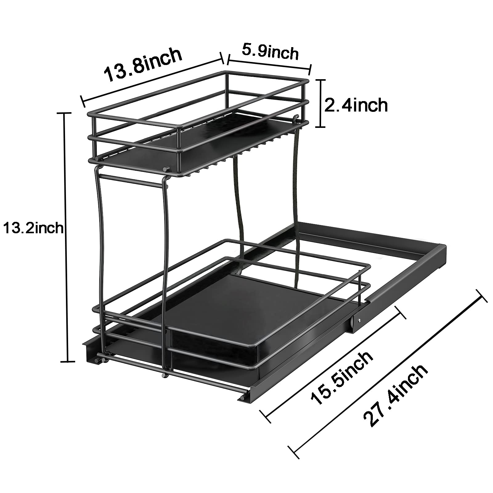 Ronanemon Pull Out Cabinet Organizer, 2-Tier Under Sink Slide Out Kitchen Cabinet Storage Shelves with Sliding Storage Drawer for Cabinet - 11.6W x 15.8D x 13.3H, Least 13" Cabinet Opening