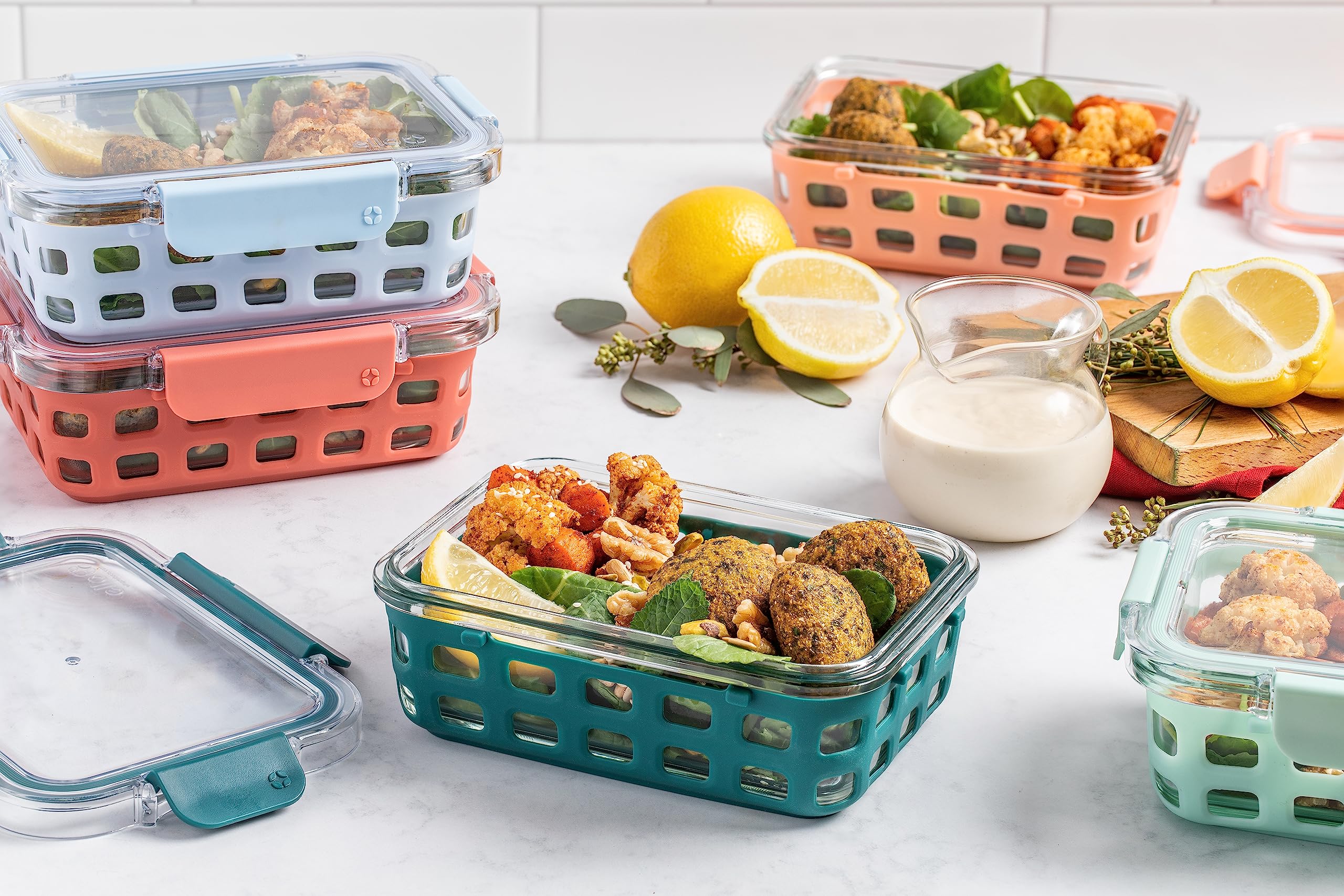 Ello Duraglass Glass Food Storage Meal Prep Containers /Bowls with Silicone Sleeve and Airtight Lids, 10 Piece 5 Pack, Melon, 3.4 Cups, Mixed