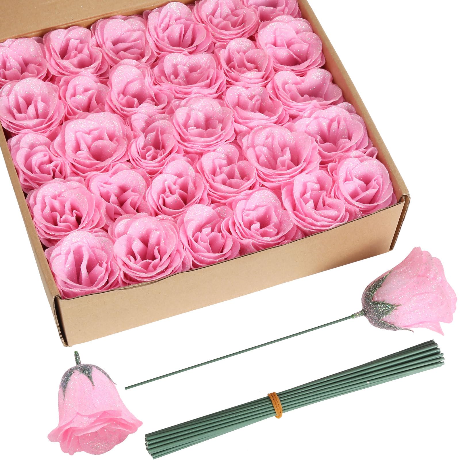 ICBOX Fake Roses,30pcs Light Pink Roses Glitter Flowers Artificial Roses with Stems for Crafts Wedding Bouquet Party Home Decor(Light Pink)