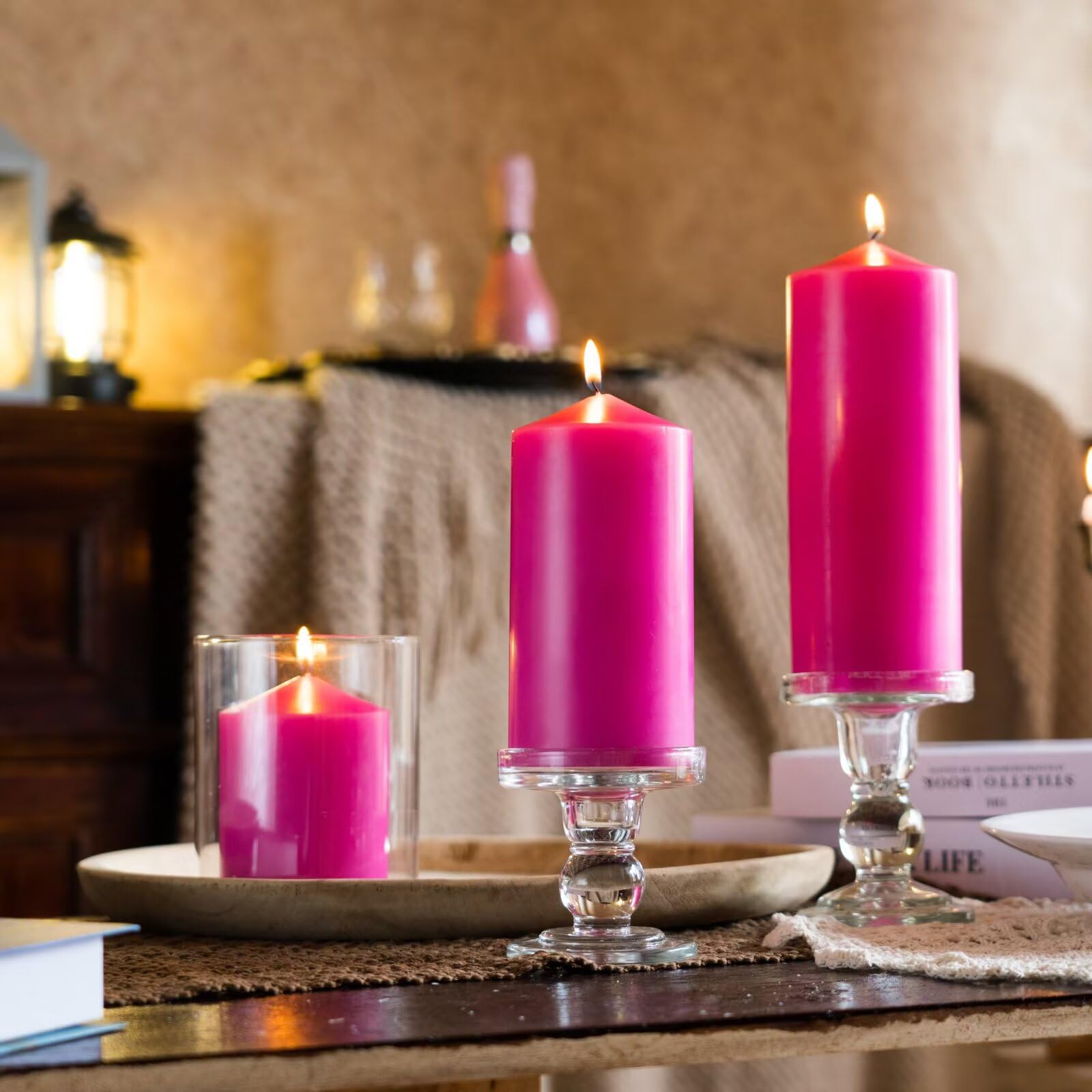 MOZEAL 3" x 4" Hand-Poured Unscented Pink Pillar Candles,Dripless Candles Set of 3,Smokeless,Clean Burning,Approx 60 Hours Burn Time,Wedding,Dinner,Christmas,Spring and Home Decor(3 Inch Width Series)