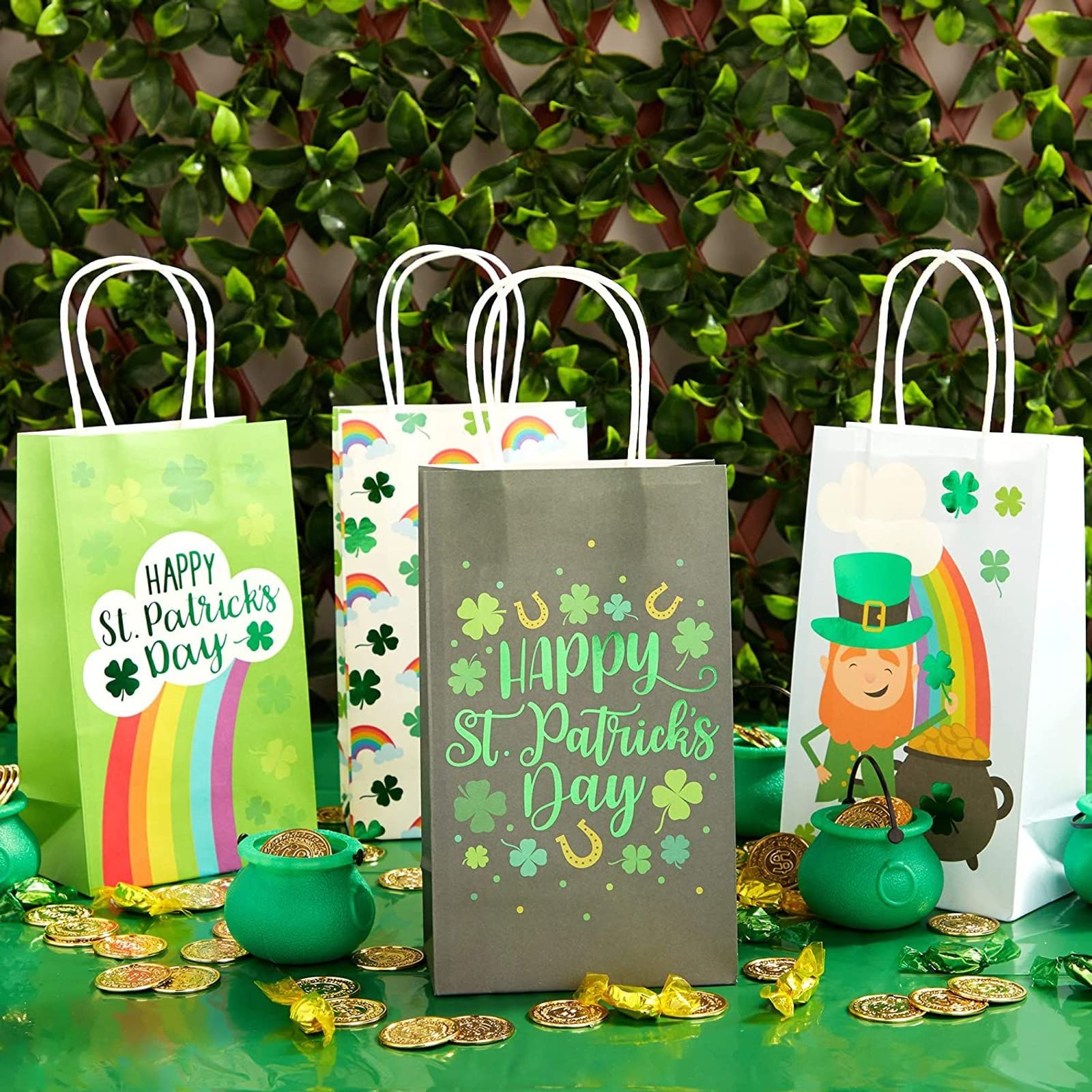 Sparkle and Bash St. Patrick's Party Favor Gift Bags, 4 Designs (9 x 5.3 x 3.15 In, 24 Pack)