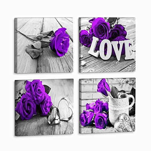 Purple Pictures Wall Decor Flowers Canvas Wall Art for Couples Bedroom Romantic Rose Bathroom Painting Black and White Grey Love Themed Floral Poster Living Room Modern Home Decorations 12x12" 4 Pcs