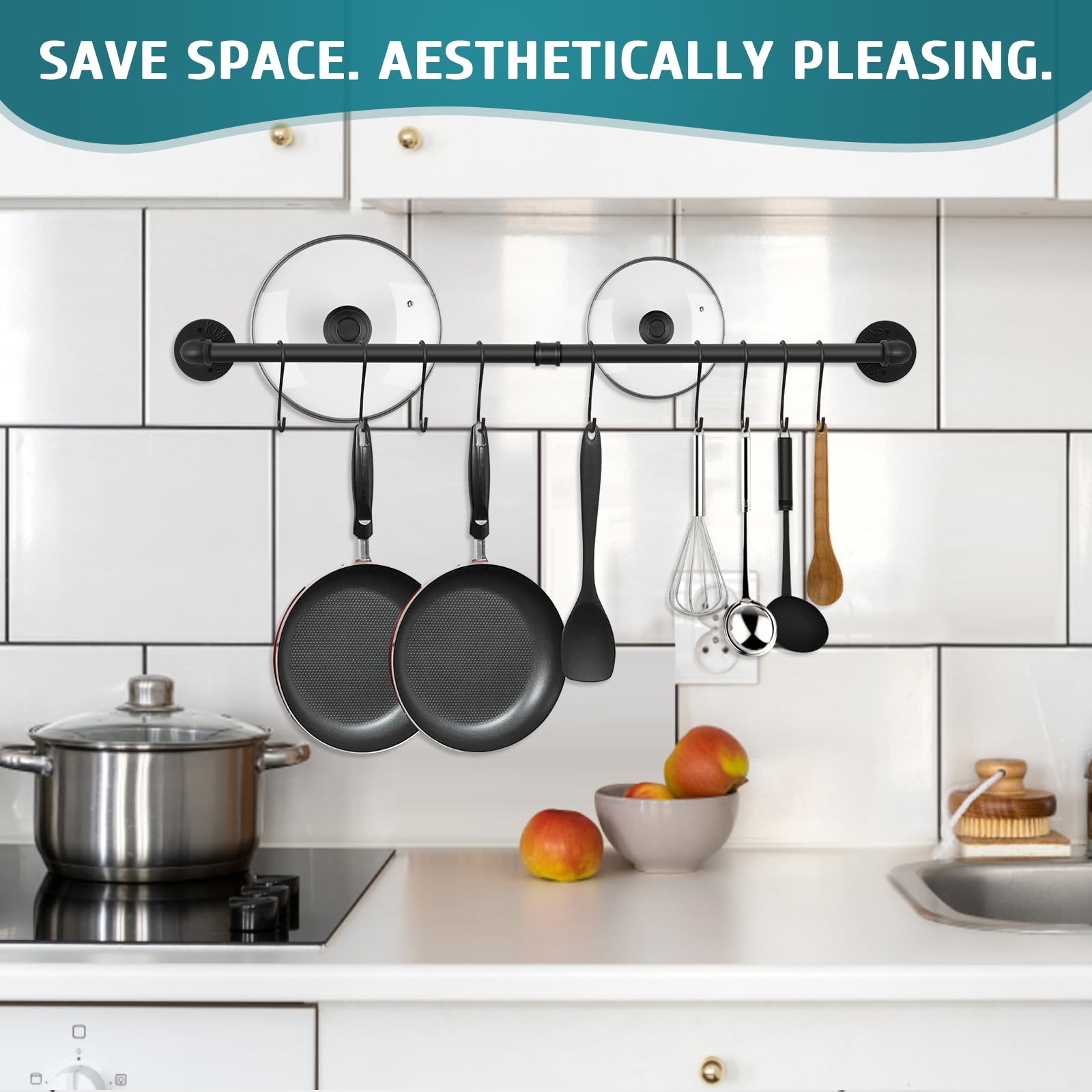 SUJOER 39.4 inch Pot Rack Wall Mounted with 15 Hooks, Hanging Pot Pan Organizer Rack,Utensil Industrial Pipe Hanger,heavy duty Cast Iron Skillet Storage Rail,Cabinet Black Pots and Pans Storage