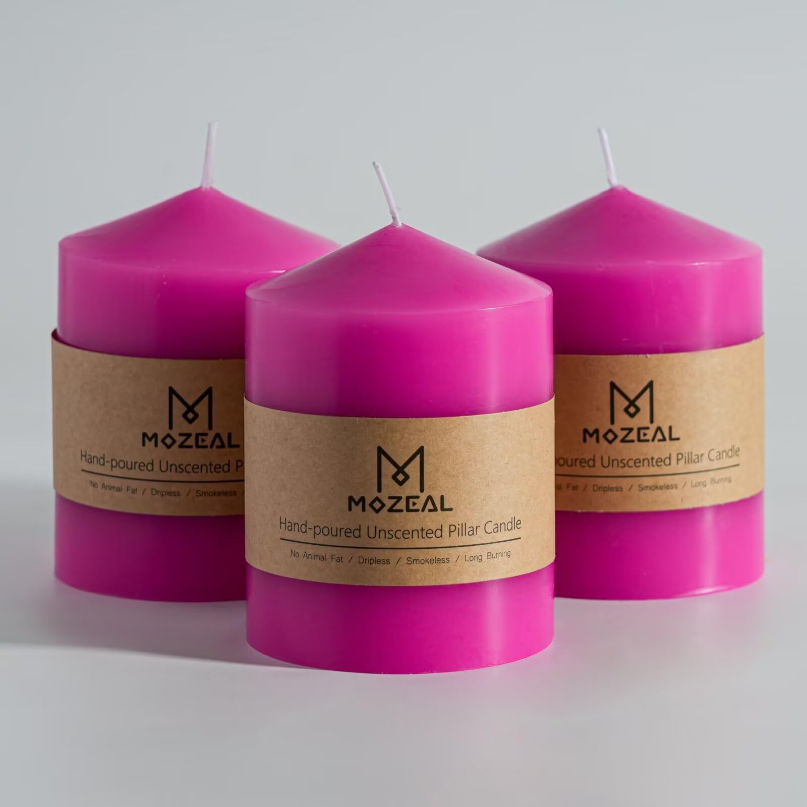 MOZEAL 3" x 4" Hand-Poured Unscented Pink Pillar Candles,Dripless Candles Set of 3,Smokeless,Clean Burning,Approx 60 Hours Burn Time,Wedding,Dinner,Christmas,Spring and Home Decor(3 Inch Width Series)