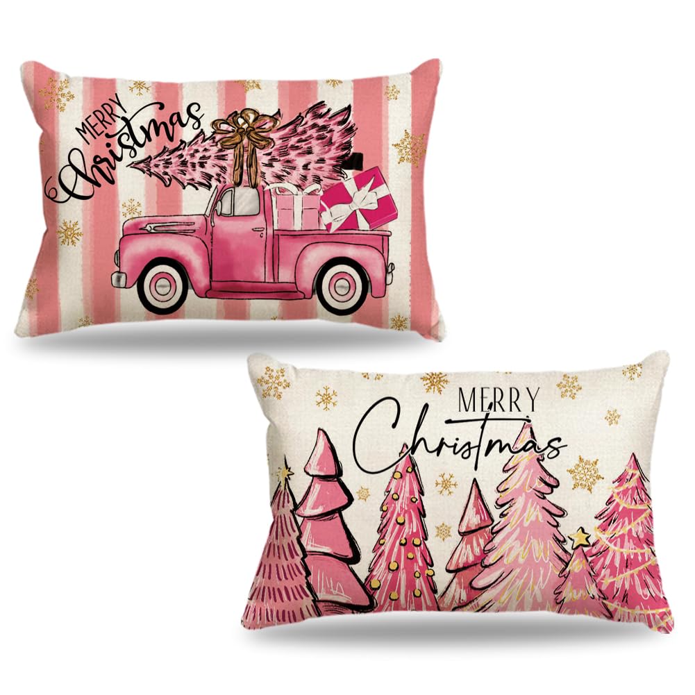 CARRIE HOME Pink Christmas Decorations Pink Christmas Tree Lumbar Pillow Covers 12x20 Set of 2 Pink Truck Decor Merry Christmas Outdoor Throw Pillows 12 x 20 for Porch and Patio (No Pillow Inserts)