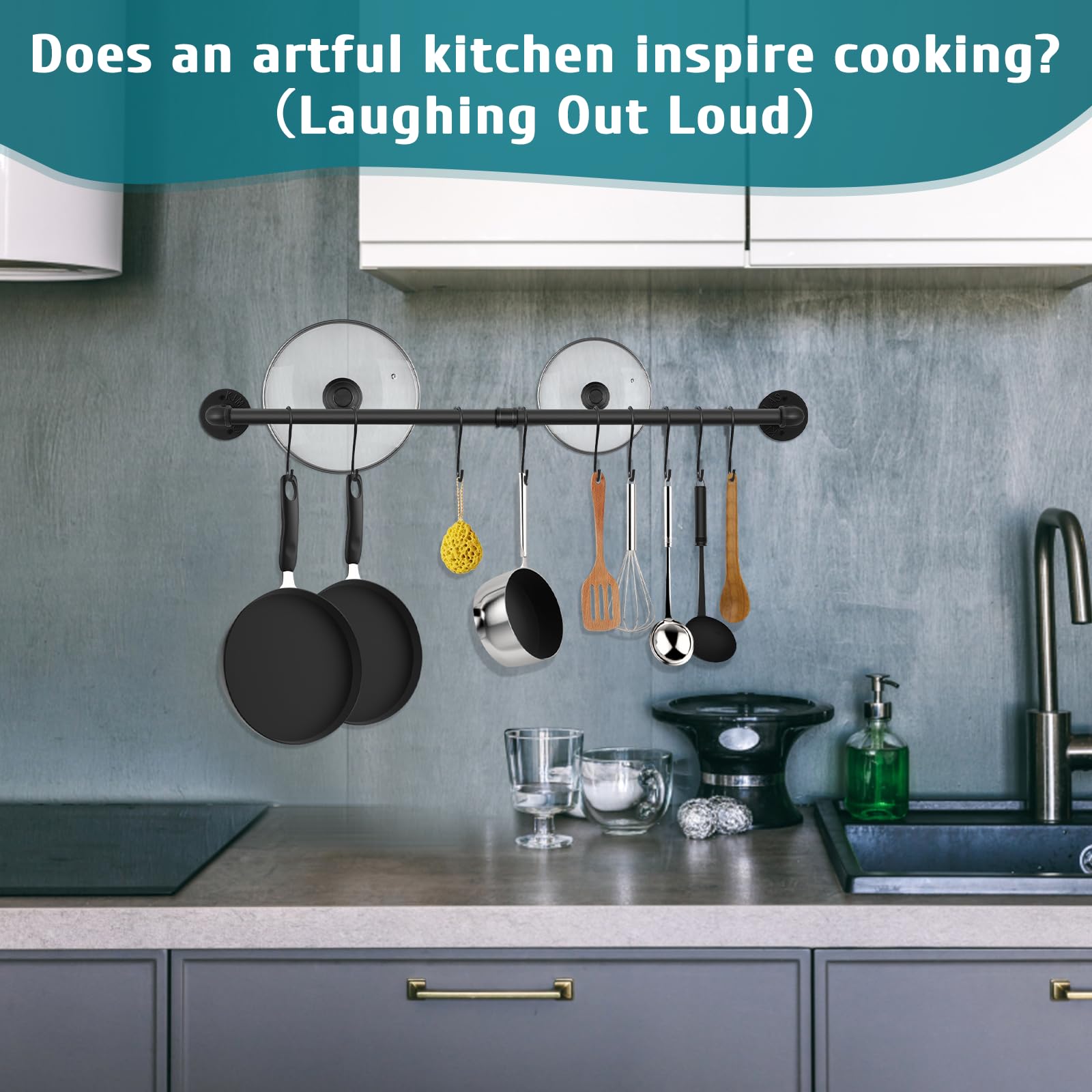 SUJOER 39.4 inch Pot Rack Wall Mounted with 15 Hooks, Hanging Pot Pan Organizer Rack,Utensil Industrial Pipe Hanger,heavy duty Cast Iron Skillet Storage Rail,Cabinet Black Pots and Pans Storage