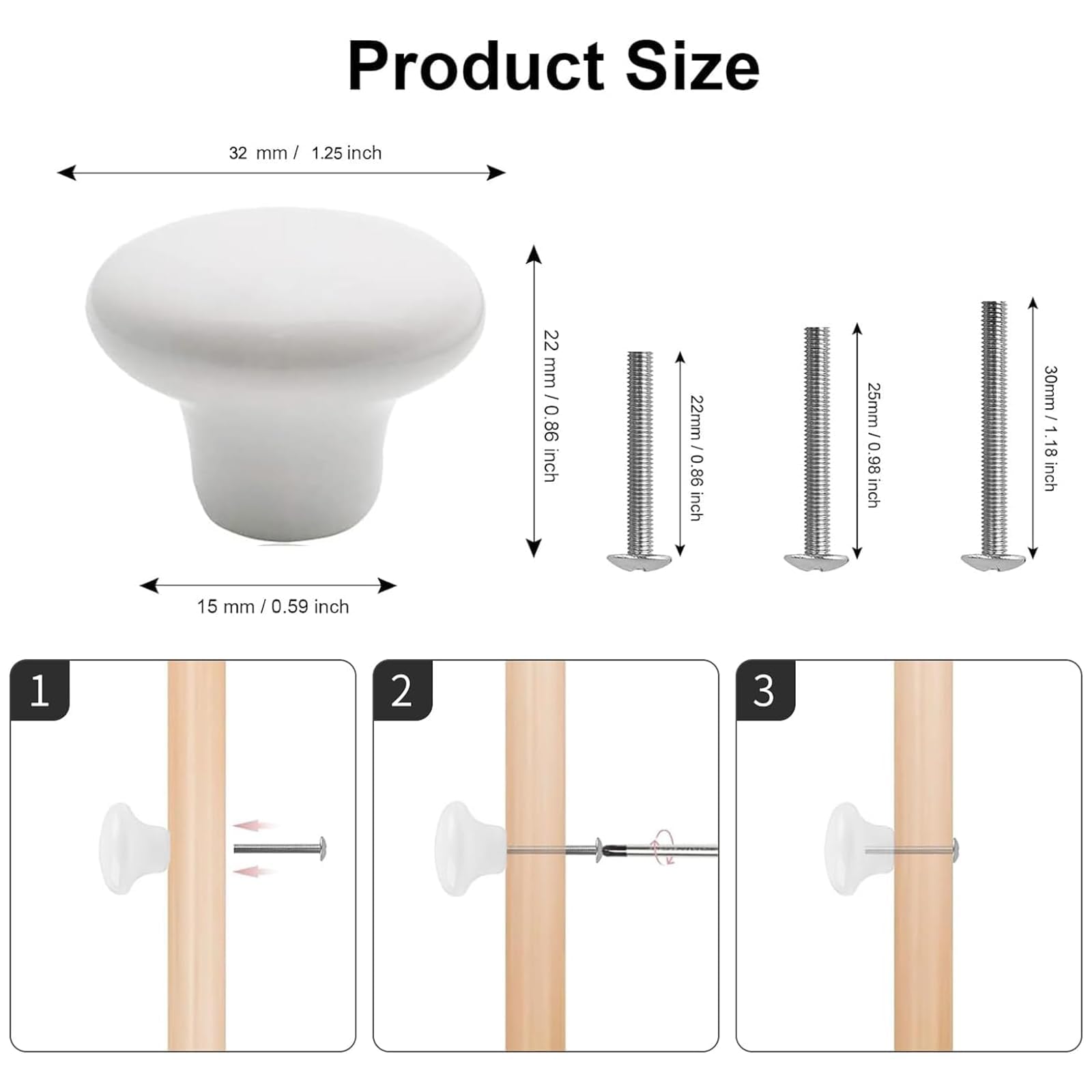 OctinPris 4X White Door Knob Cabinet Retro Round Ceramic Drawer Cupboard Kitchen Dresser Pull Handle Knobs 32mm/1.25" with 3-Sized Screws