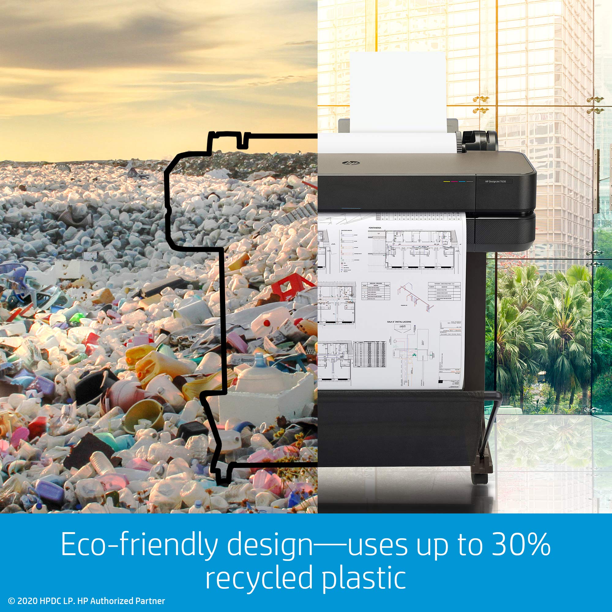 HP DesignJet T630 Large Format Wireless Plotter Printer - 24", with Auto Sheet Feeder, Media Bin & Stand (5HB09A) Black