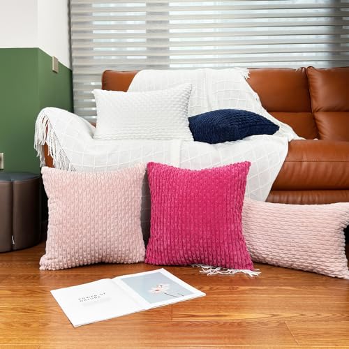 16x16 Throw Pillow Covers Set of 2, Decorative Boho Covers for Bed, Couch Fluffy Pillow Cover for Living Room, Neutral Home Décor Accent for Sofa - Hot Pink