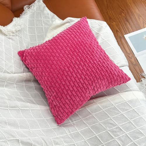 16x16 Throw Pillow Covers Set of 2, Decorative Boho Covers for Bed, Couch Fluffy Pillow Cover for Living Room, Neutral Home Décor Accent for Sofa - Hot Pink