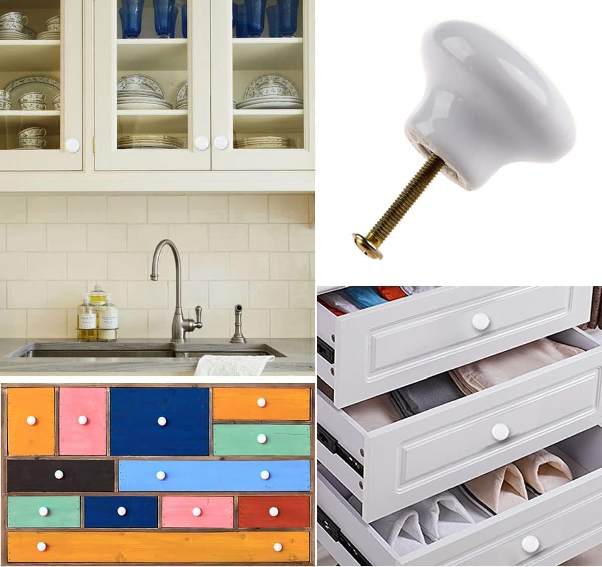 OctinPris 4X White Door Knob Cabinet Retro Round Ceramic Drawer Cupboard Kitchen Dresser Pull Handle Knobs 32mm/1.25" with 3-Sized Screws