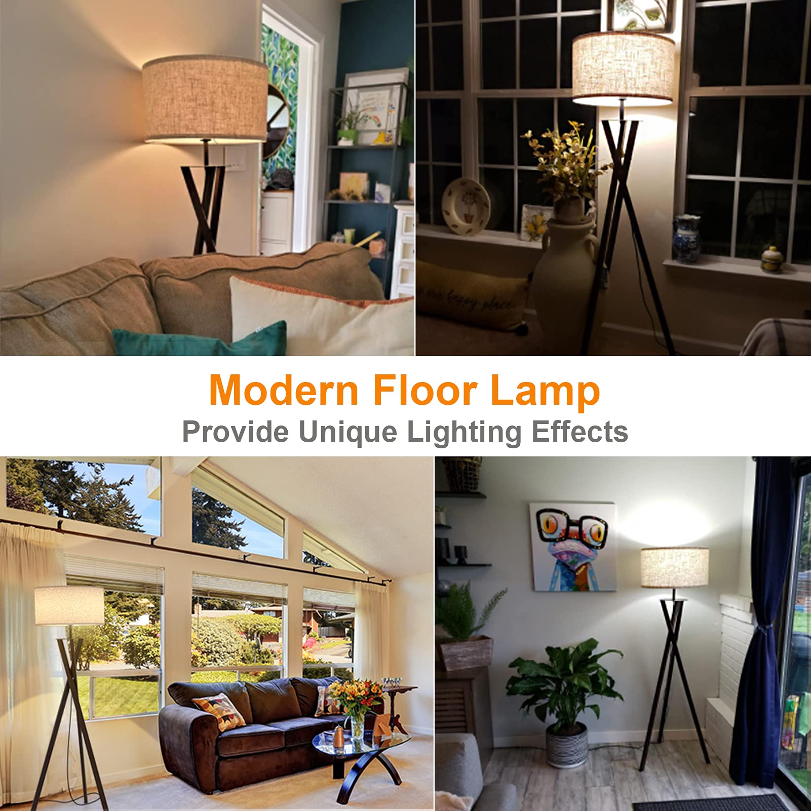 LEPOWER Standing Floor Lamp, Modern Design Tripod Lamp, Mid Century Wood Reading Lamp for Living Room, Bedroom and Office, Flaxen Lamp Shade with E26 Lamp Base