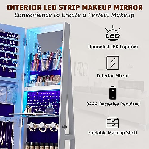 FOMNEY 360° Swivel Jewelry Armoire with Mirror, 63" H Full Length Mirror with LED Lights, Jewelry Cabinet/Organizer with Makeup Shelf for Bedroom (White)