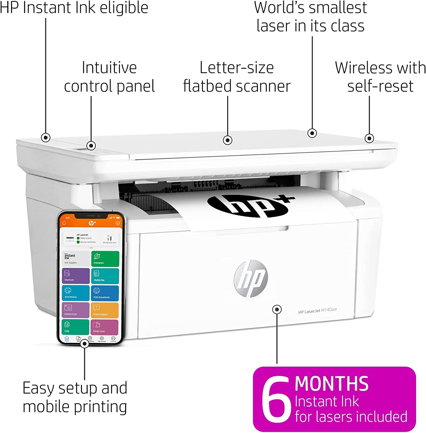 HP Laserjet Compact Wireless Monochrome All-in-one Laser Printer with HP+, Print Copy Scan 3-in-1 for Home Office, 21ppm, Mobile Printing, Wi-Fi, Bonus 6 Months Instant Ink, Lanbertent Printer Cable