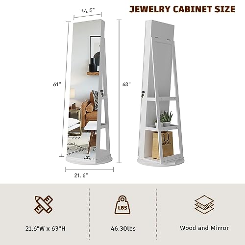 FOMNEY 360° Swivel Jewelry Armoire with Mirror, 63" H Full Length Mirror with LED Lights, Jewelry Cabinet/Organizer with Makeup Shelf for Bedroom (White)