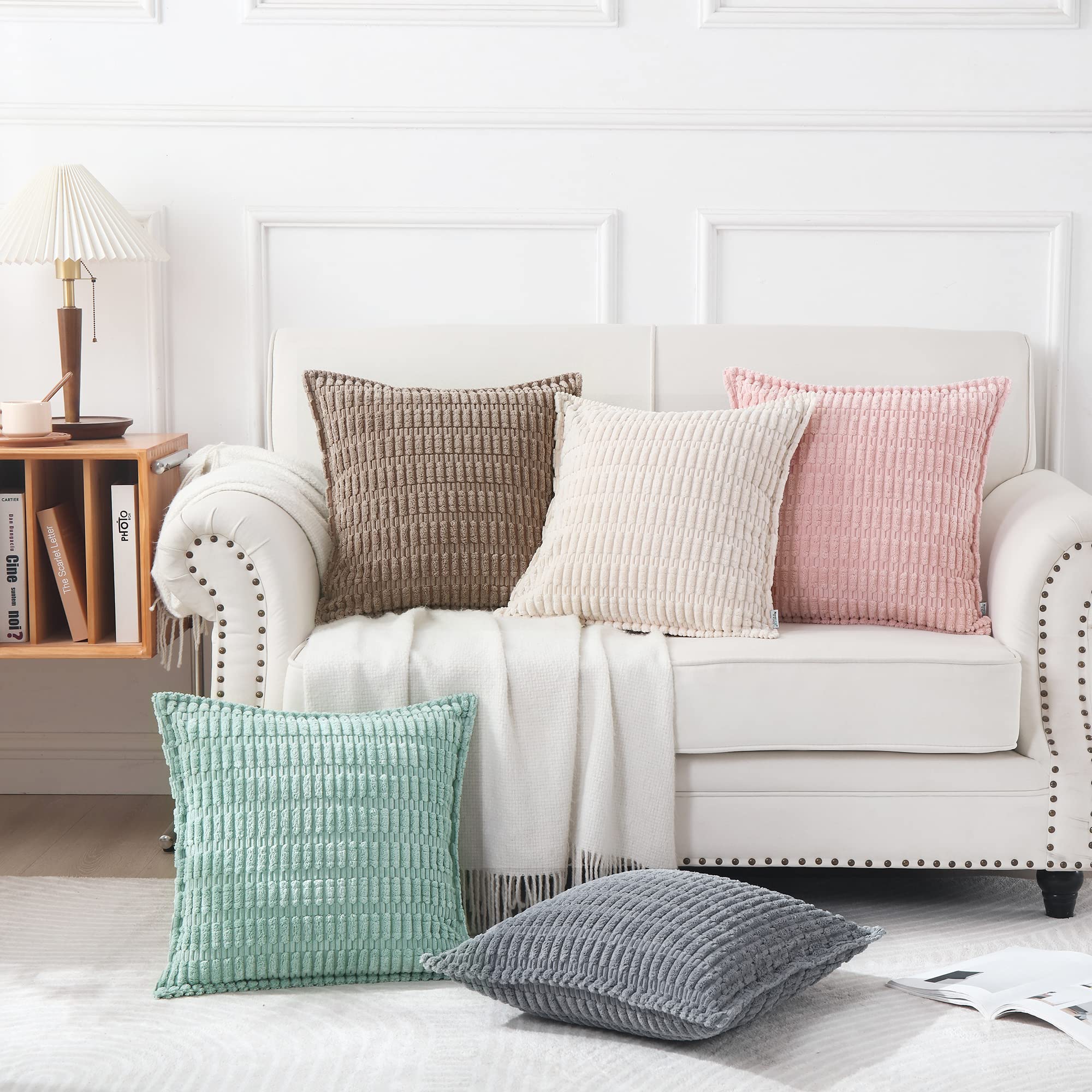 Set of 2 Decorative Throw Pillow Covers 18x18 Inch for Living Room Couch Bed Sofa, Boho Striped Corduroy Square Cushion Case Farmhouse Home Decor, Pink
