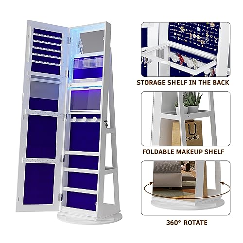 FOMNEY 360° Swivel Jewelry Armoire with Mirror, 63" H Full Length Mirror with LED Lights, Jewelry Cabinet/Organizer with Makeup Shelf for Bedroom (White)