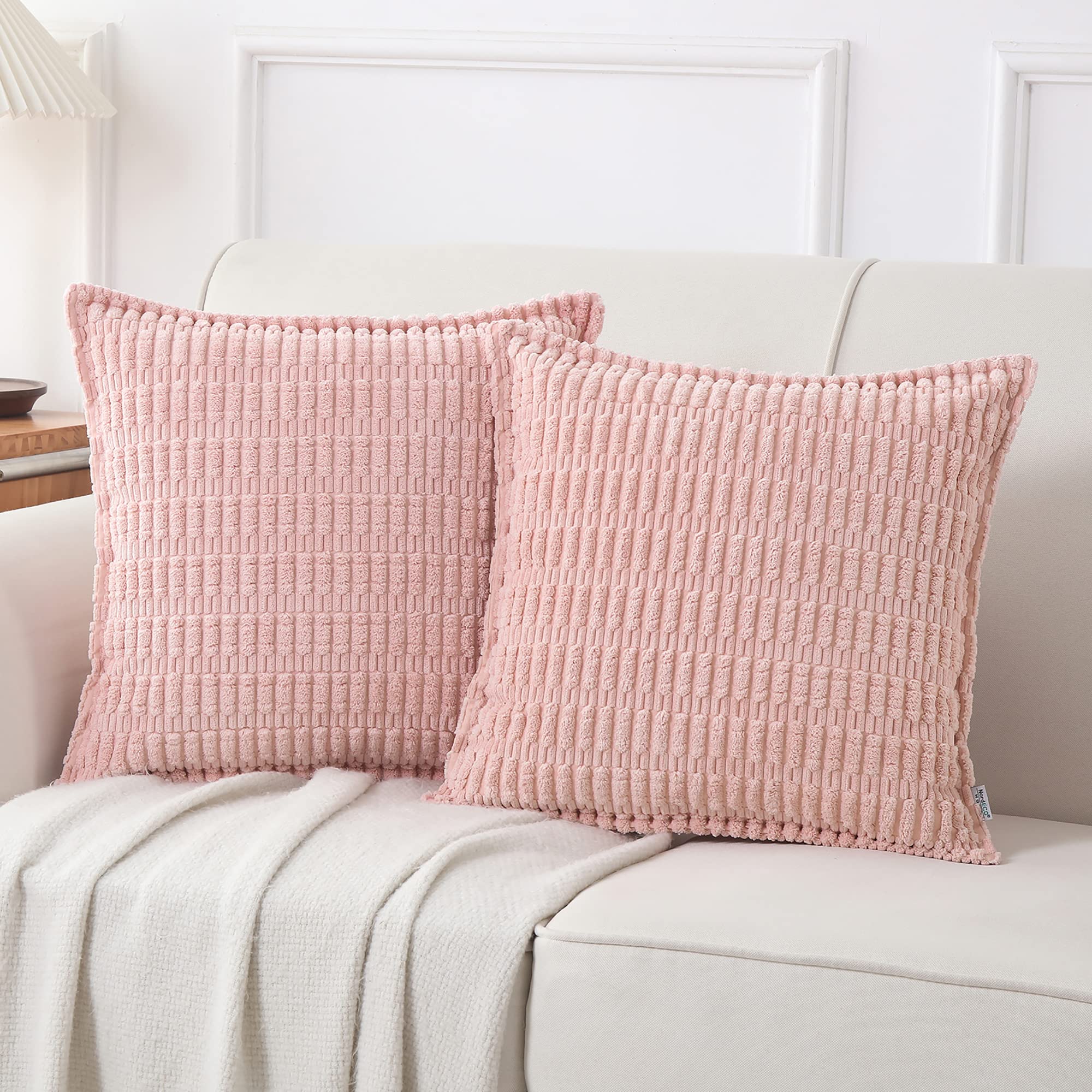 Set of 2 Decorative Throw Pillow Covers 18x18 Inch for Living Room Couch Bed Sofa, Boho Striped Corduroy Square Cushion Case Farmhouse Home Decor, Pink